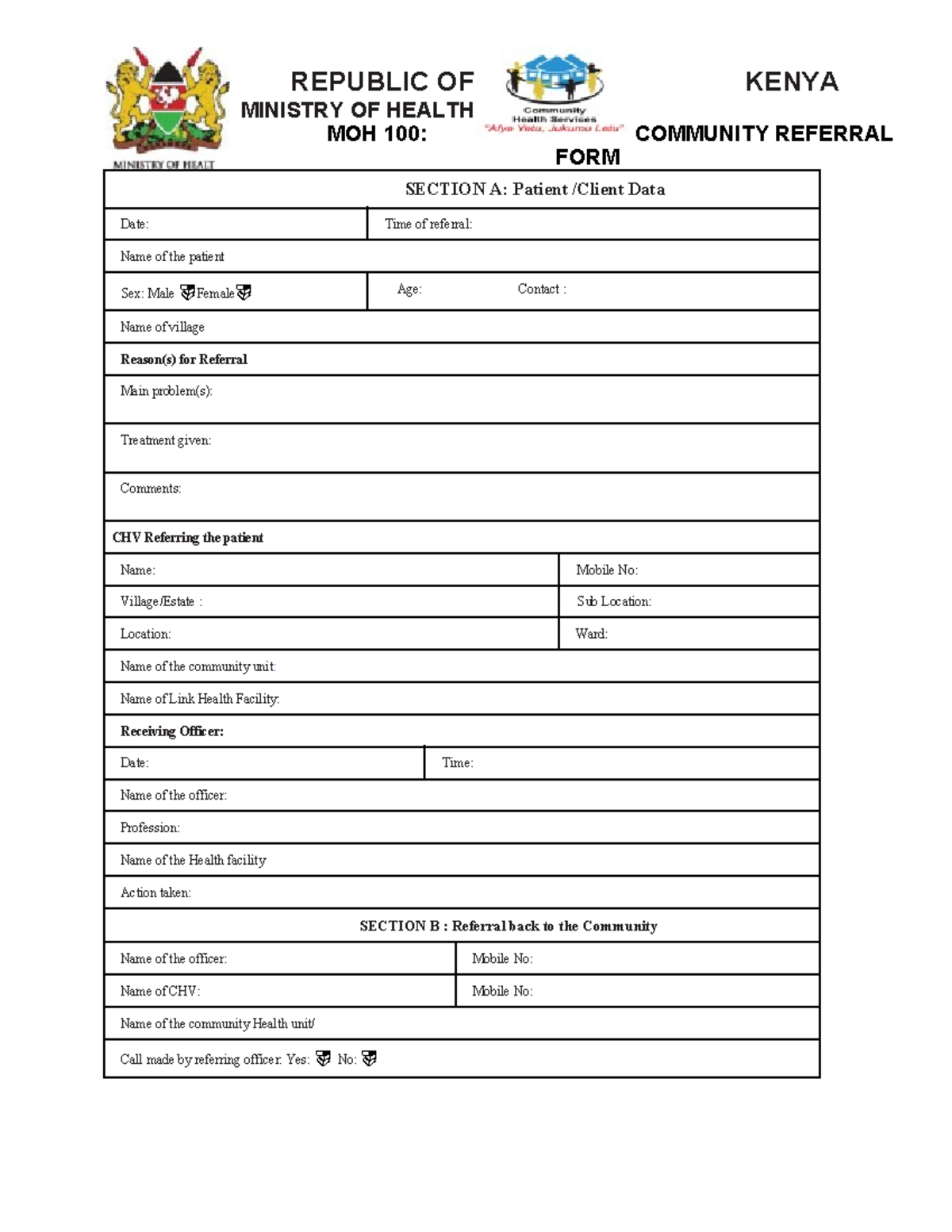 MOH 100 Final Oct (2019 ) Referral Form - REPUBLIC OF KENYA MINISTRY OF ...