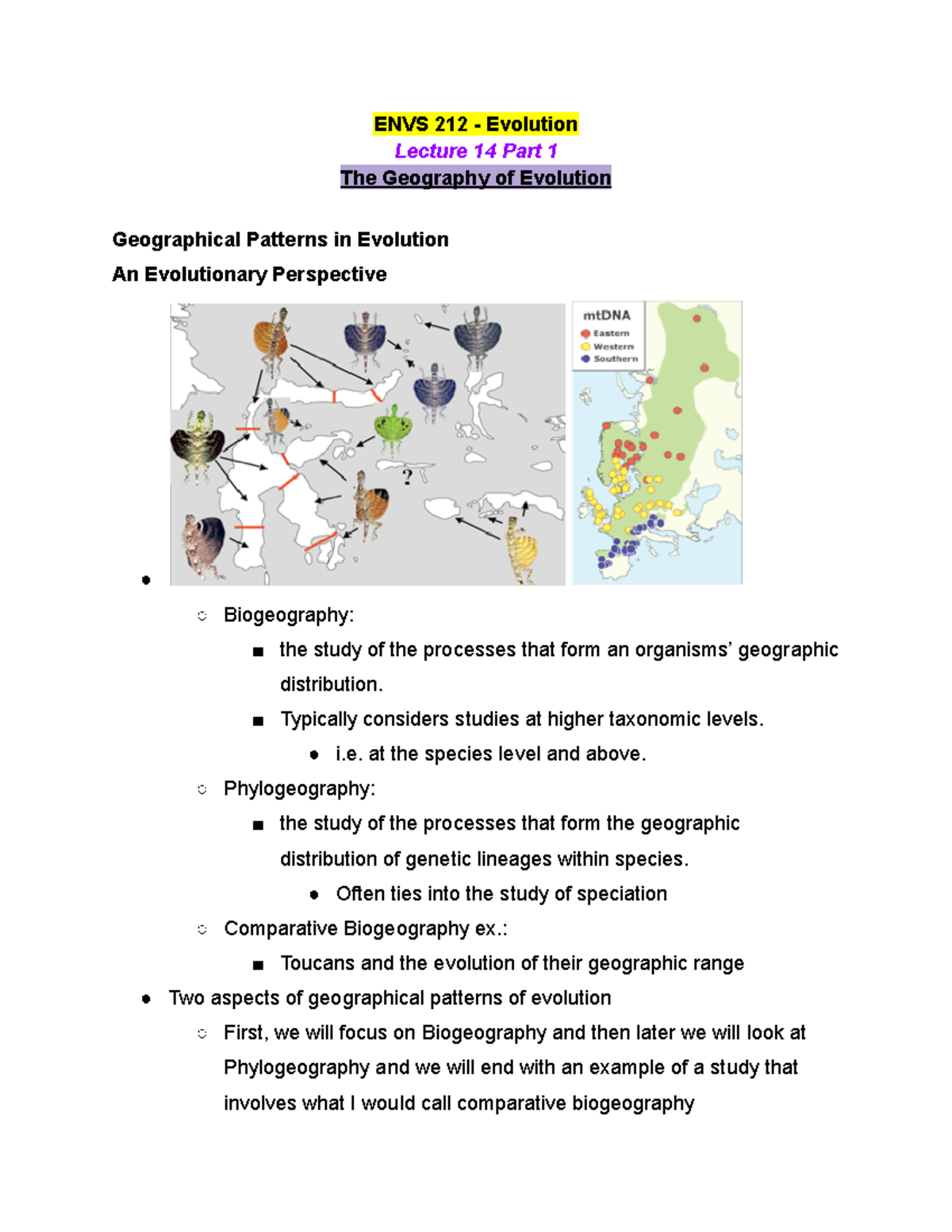 ENVS 212 Lecture 14 Part 1 - Spring 2020 - ENVS 212 - Evolution Lecture 14 Part 1 The Geography ...