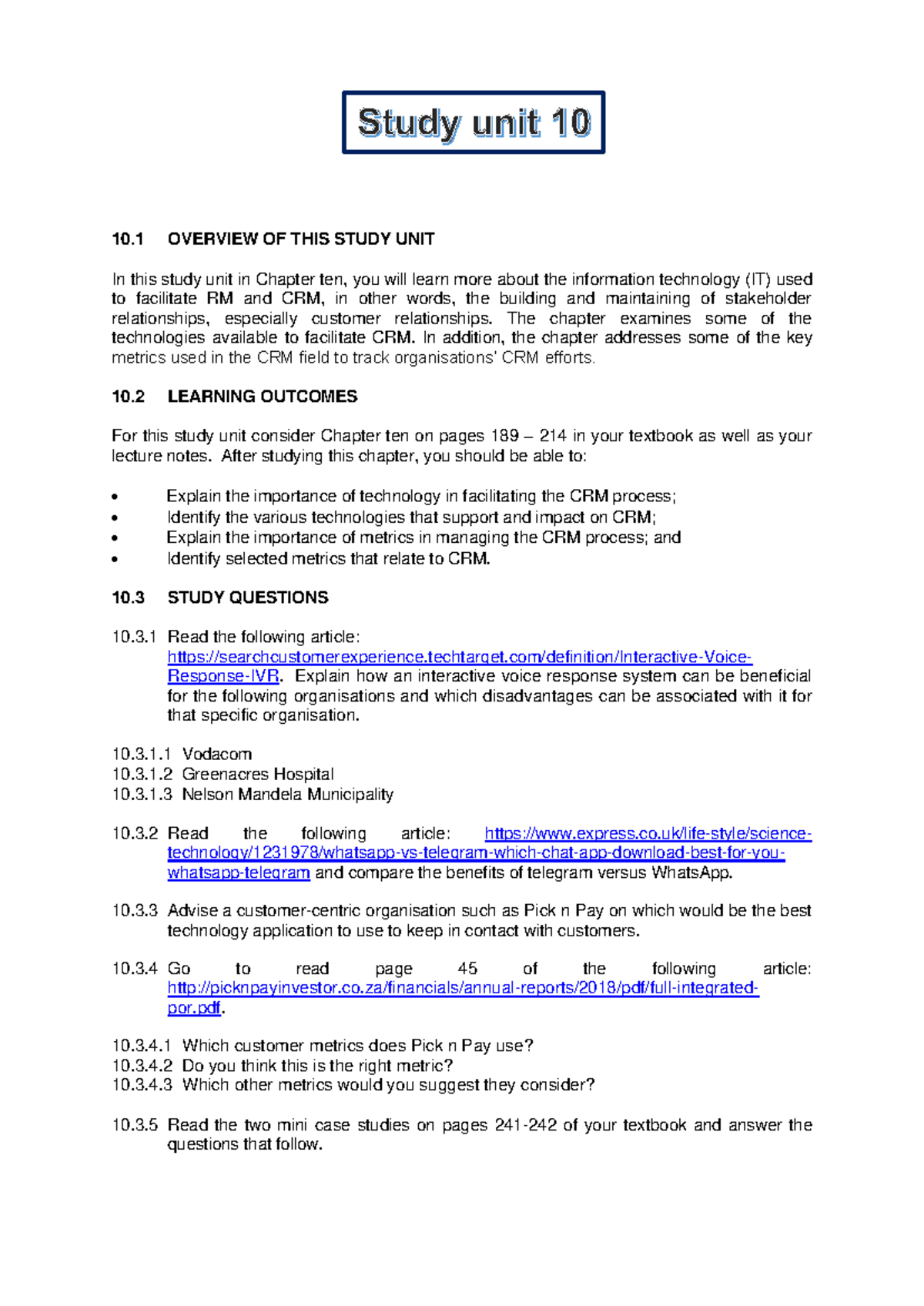 Chapter 10 Unit 10 - 10 OVERVIEW OF THIS STUDY UNIT In this study unit ...