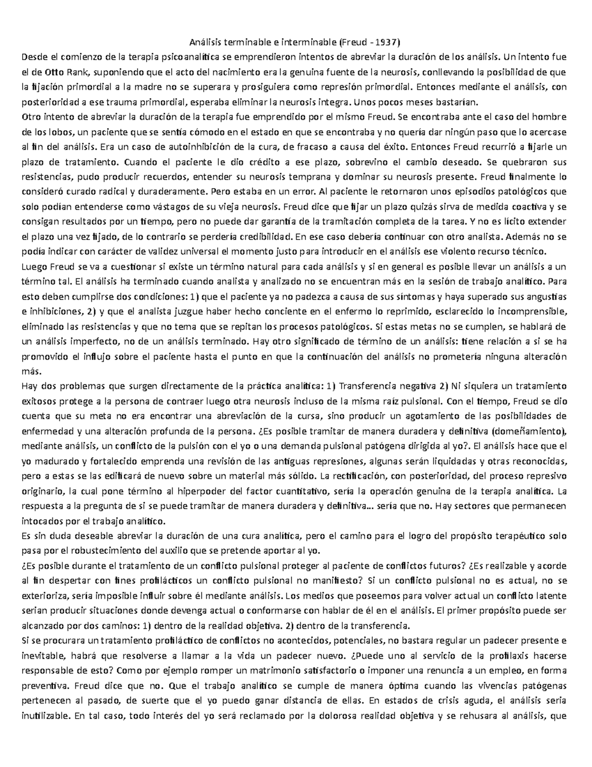 Análisis terminable e interminable - Un intento fue el de Otto Rank ...