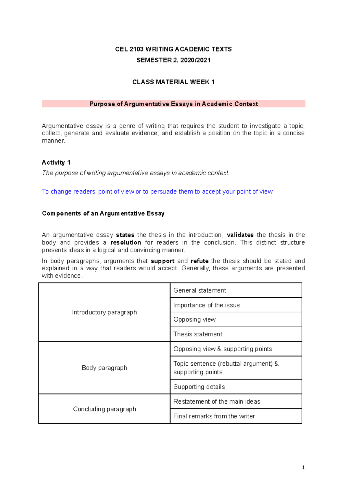 CEL2103 Class Material WEEK 1 - Introduction TO Argumentative Essays ...