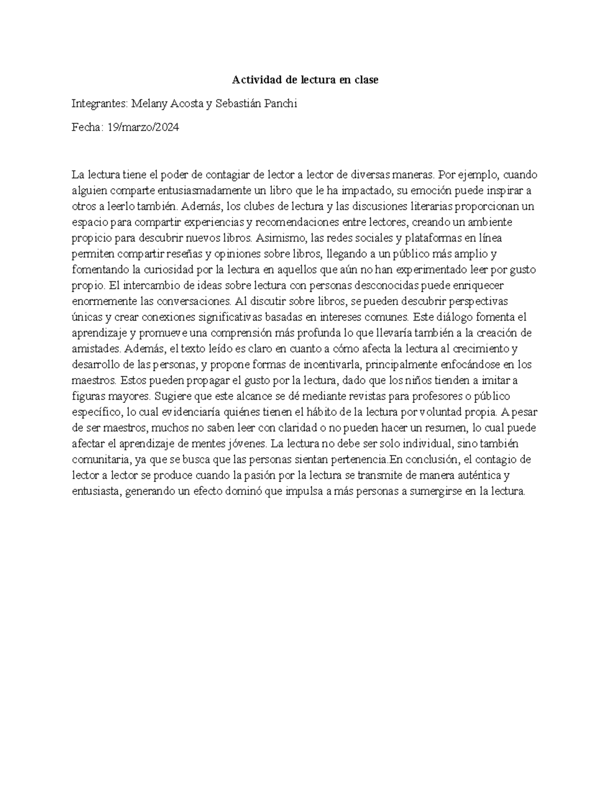 Trabajoenclase - Actividad de lectura en clase Integrantes: Melany ...