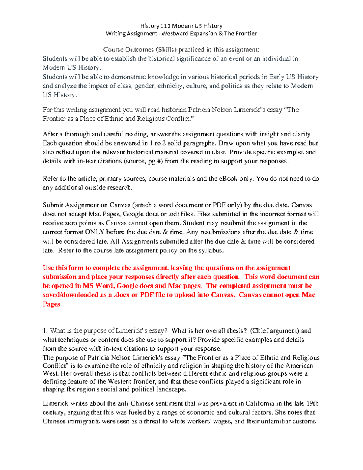 Writing Assignment West Major Problems Limerick 2023 - History 110 ...