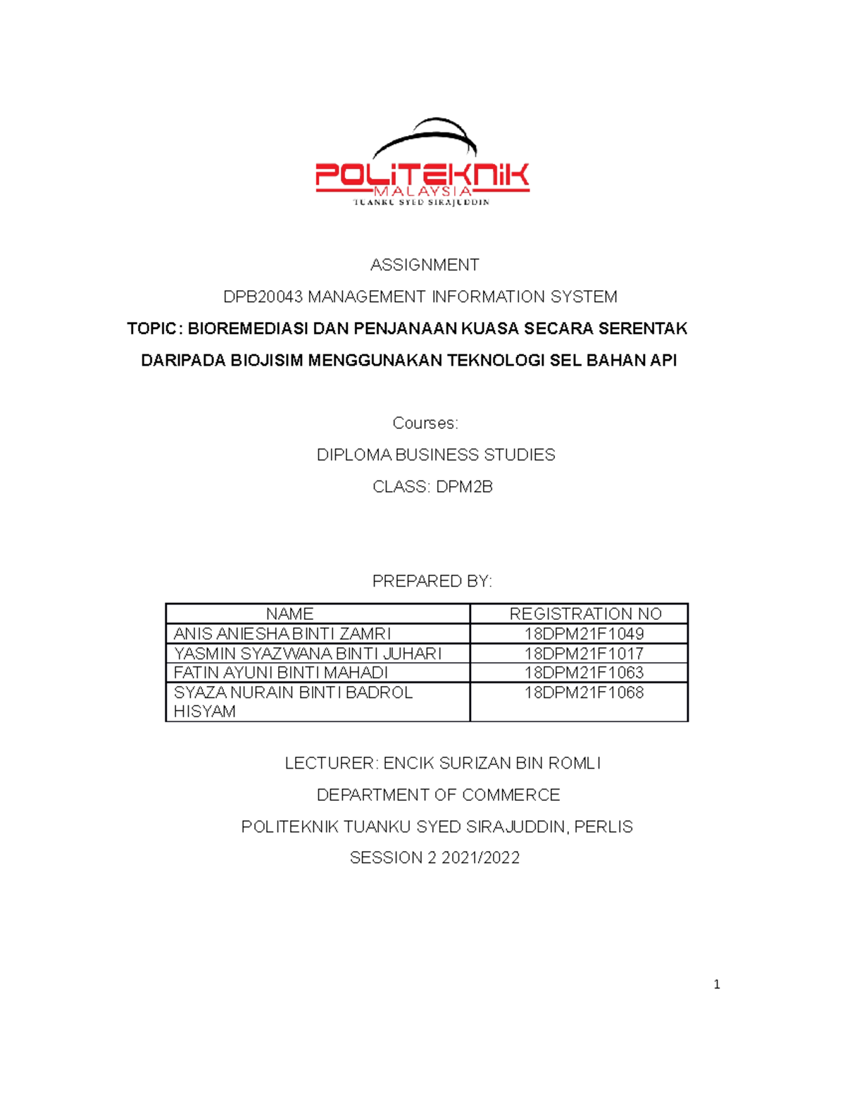 MIS Cover Report - EASY - ASSIGNMENT DPB20043 MANAGEMENT INFORMATION ...