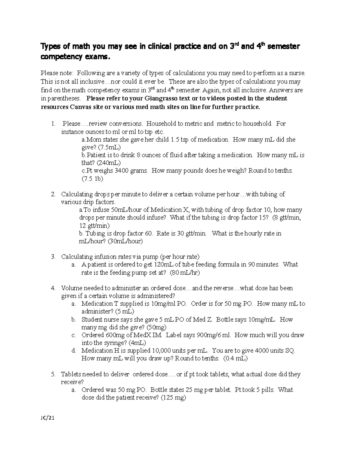 Math overview for 2nd year students (nurse) - Types of math you may see ...