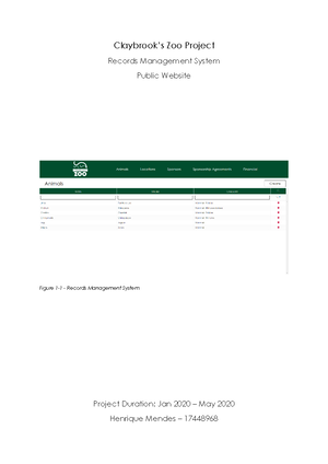 Claybrooks Zoo System Report - Claybrook’s Zoo Project Records ...