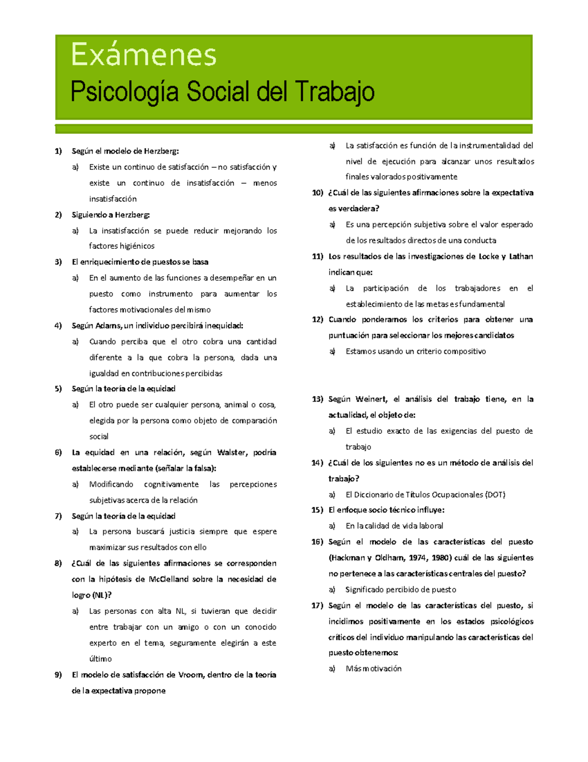 Preguntas Psicologia del trabajo - Ex·menes PsicologÌa Social del Trabajo Seg ̇n el modelo de ...