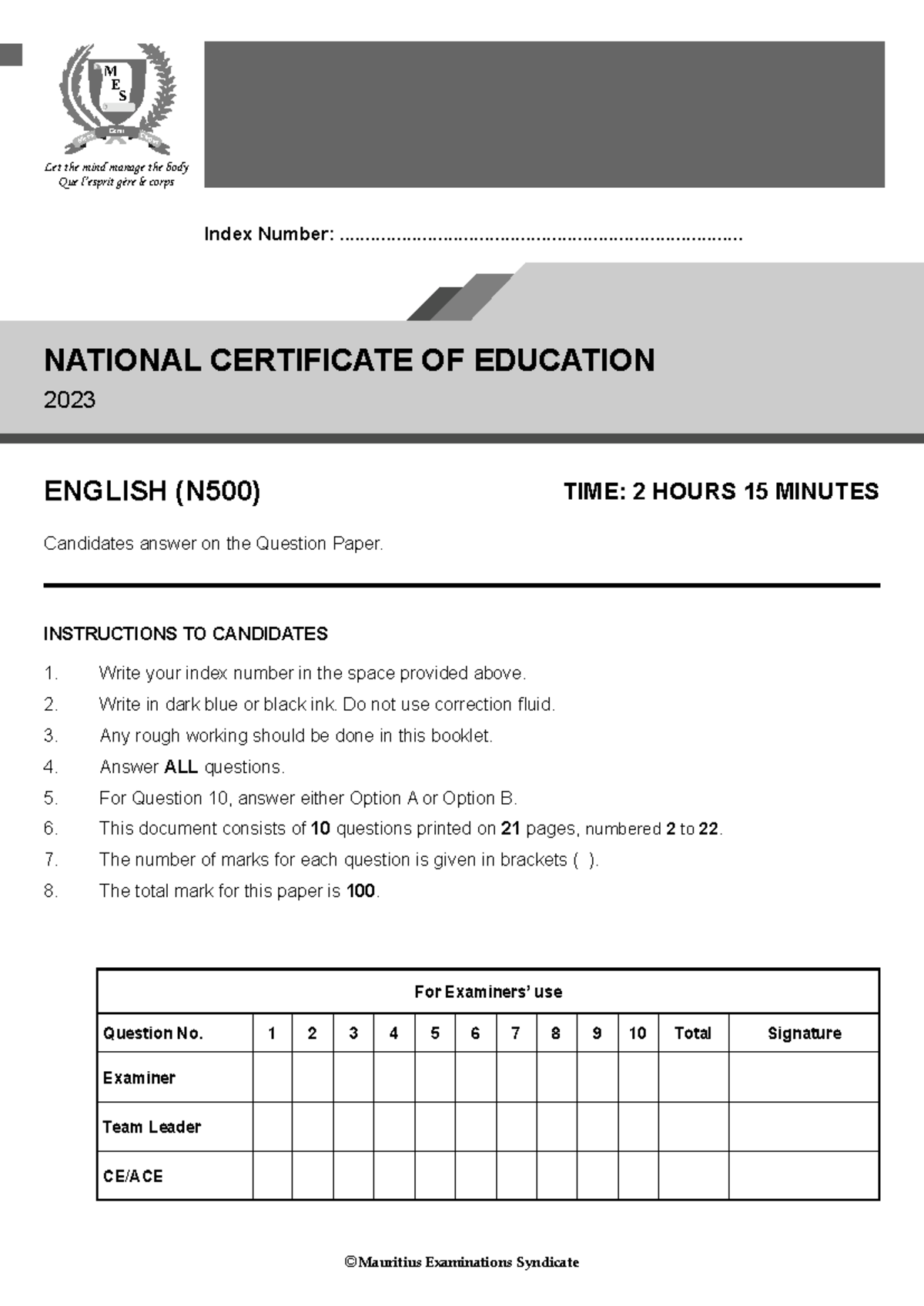 NCE-2023-English - Test paper sample english - Index Number: - Studocu