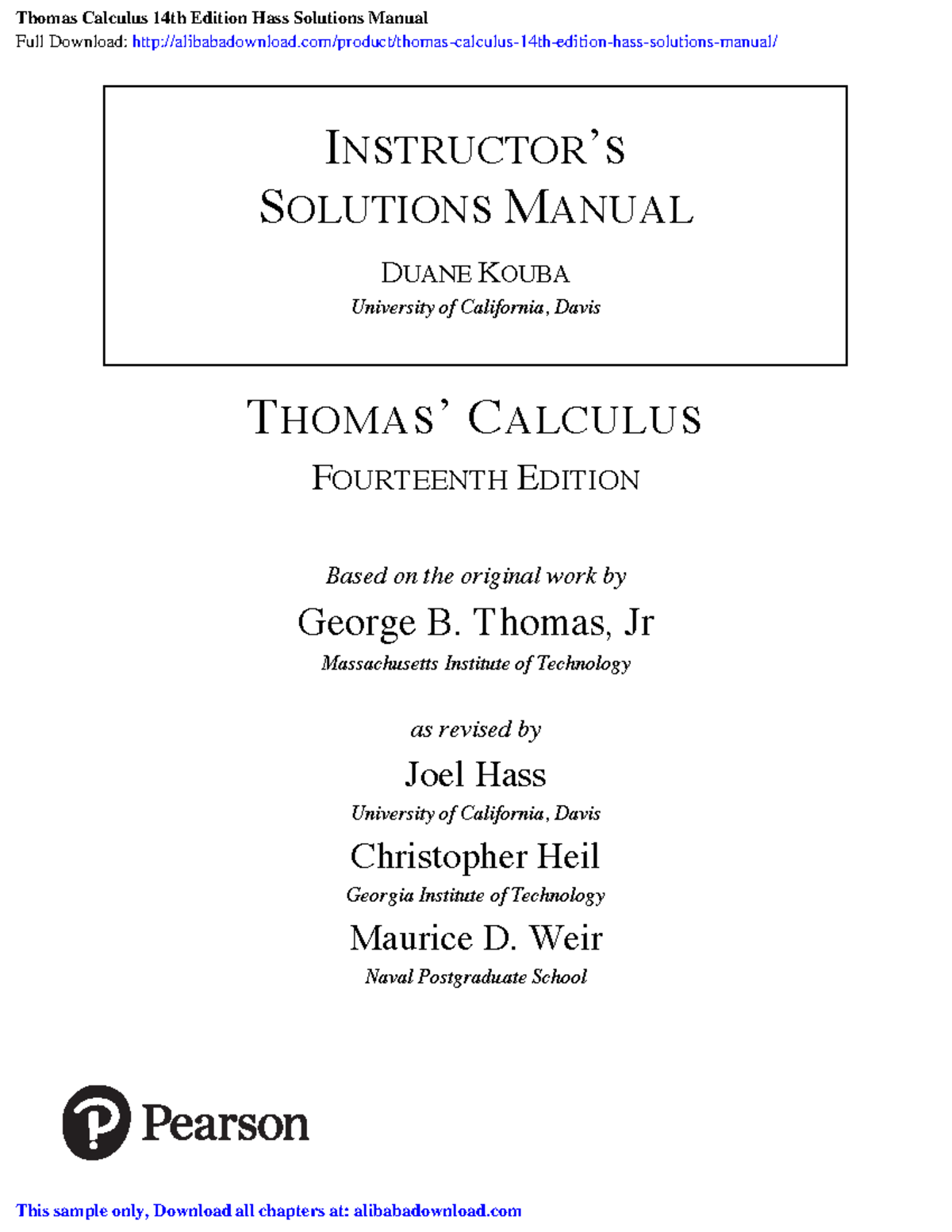 Thomas calculus 14th edition hass solutions manual - INSTRUCTOR’S SOLUTIONS MANUAL DUANE KOUBA ...