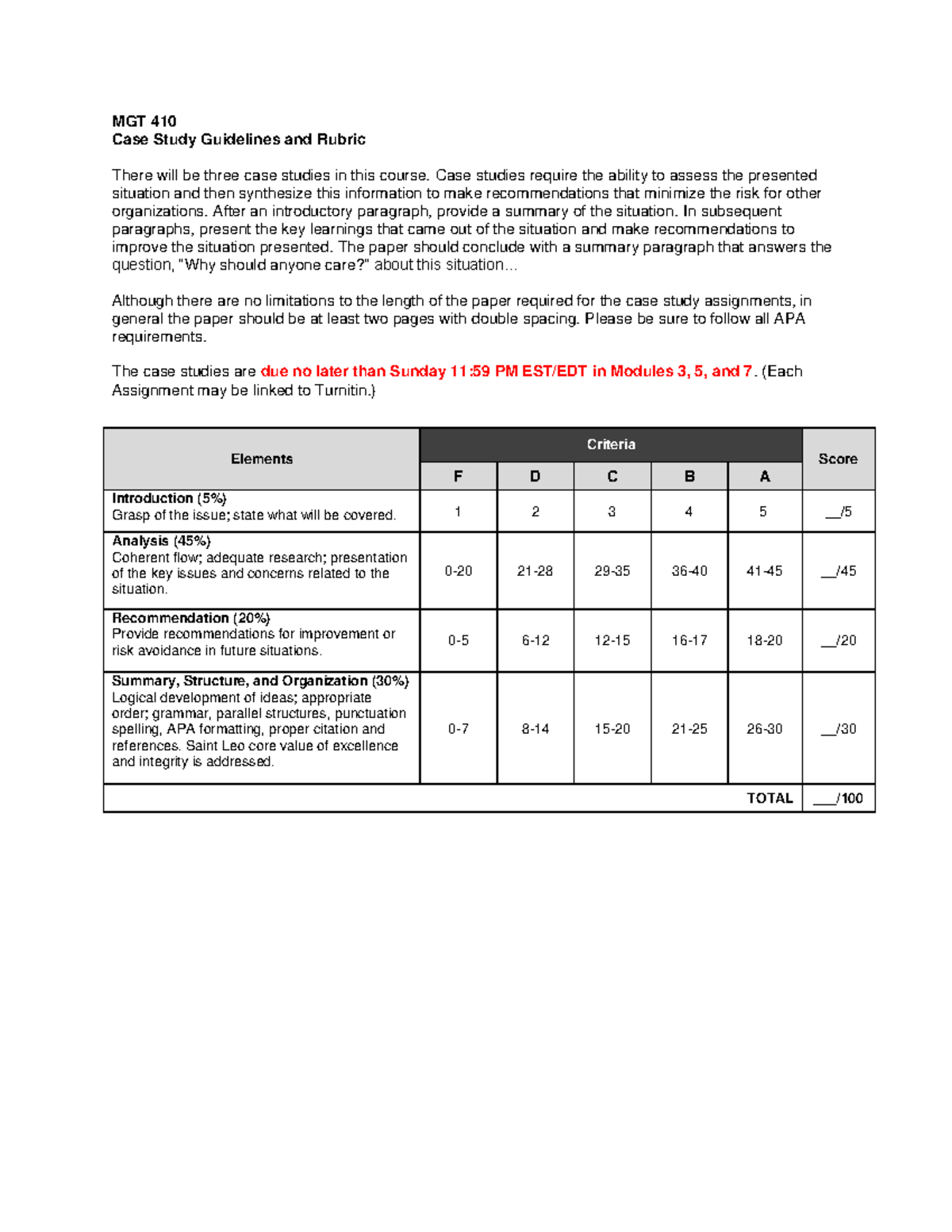 MGT410 Case Study Guidelines - Case studies require the ability to ...