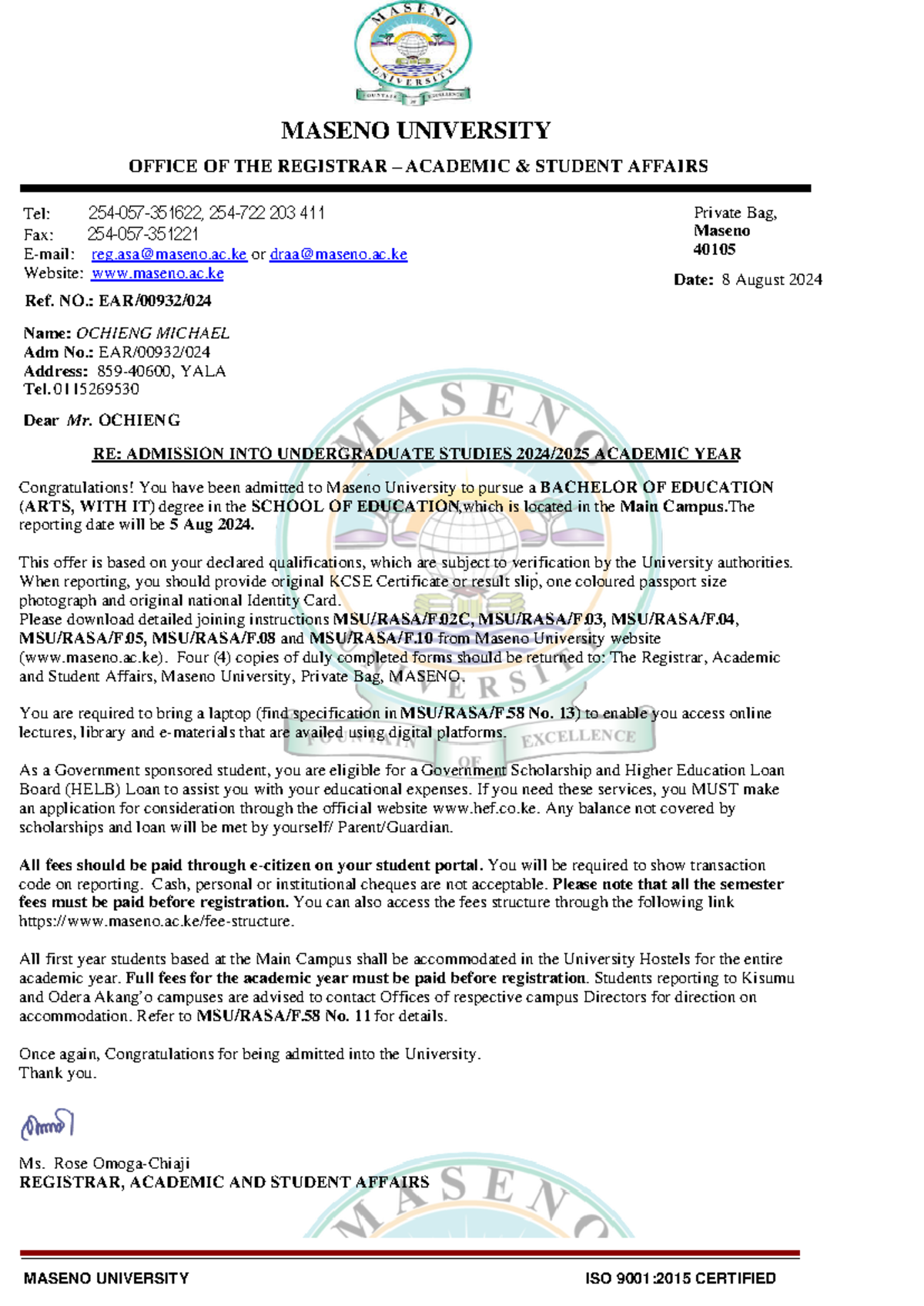 Adm Letter-EAR00932024 - Dear Mr. OCHIENG RE: ADMISSION INTO ...
