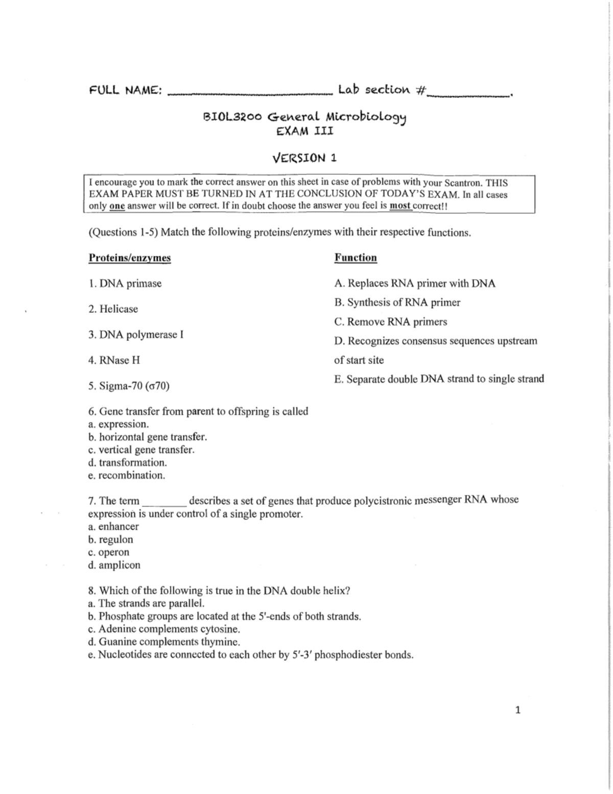 Old Exam 3 DO NOT Share Online Copyrighted material - FULL NAME: Lab ...