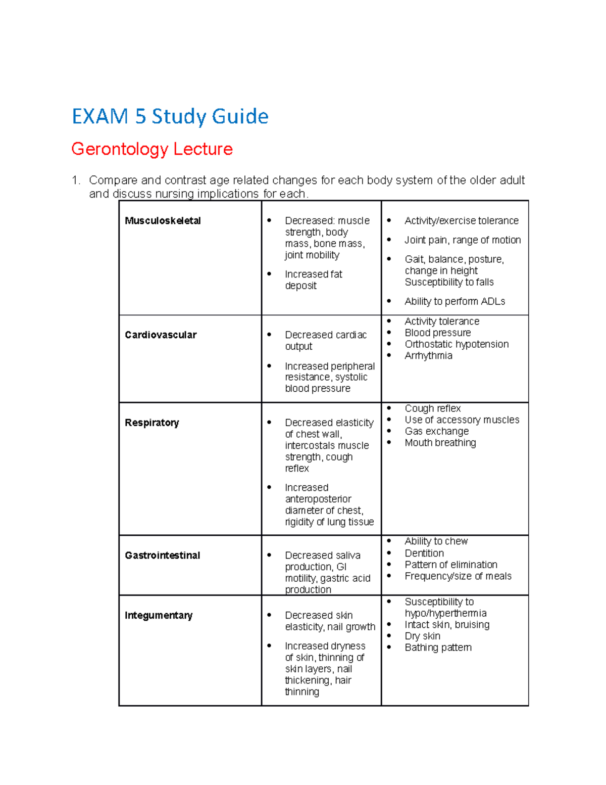 EXAM 5 Study Guide (Auto Recovered) - EXAM 5 Study Guide Gerontology Lecture Compare and ...