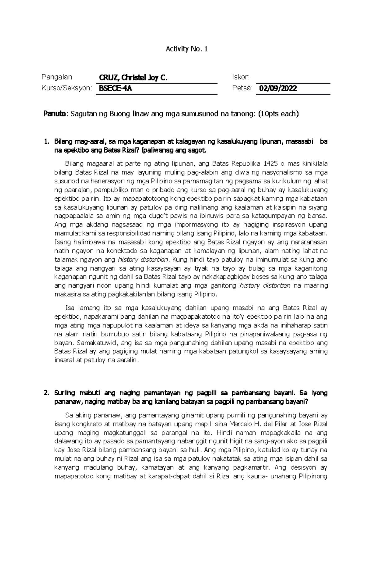 Answers Activity 1 - Activity No. 1 Pangalan CRUZ, Christel Joy C ...