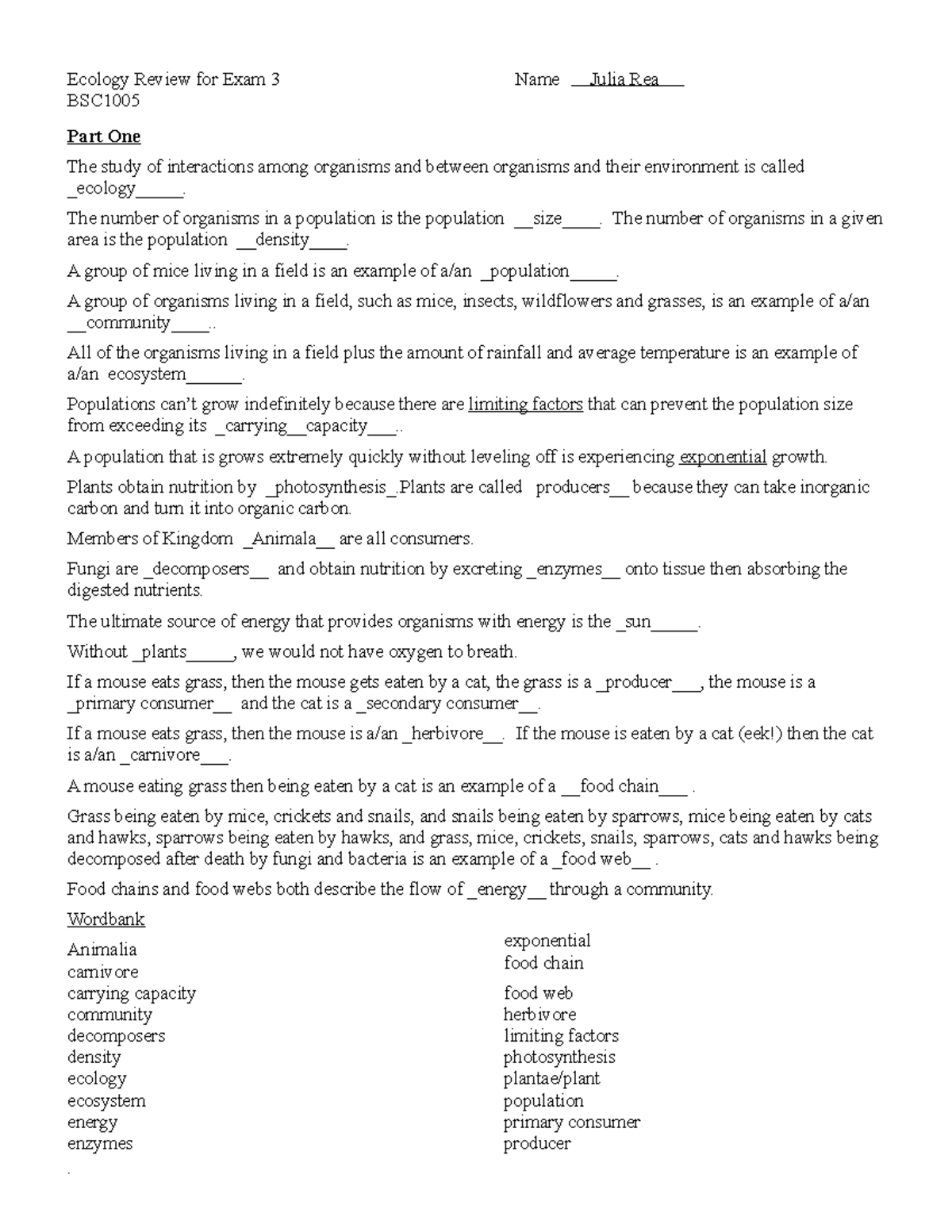 Ecology Review wksht 2019 2 - Ecology Review for Exam 3 Name Julia Rea ...