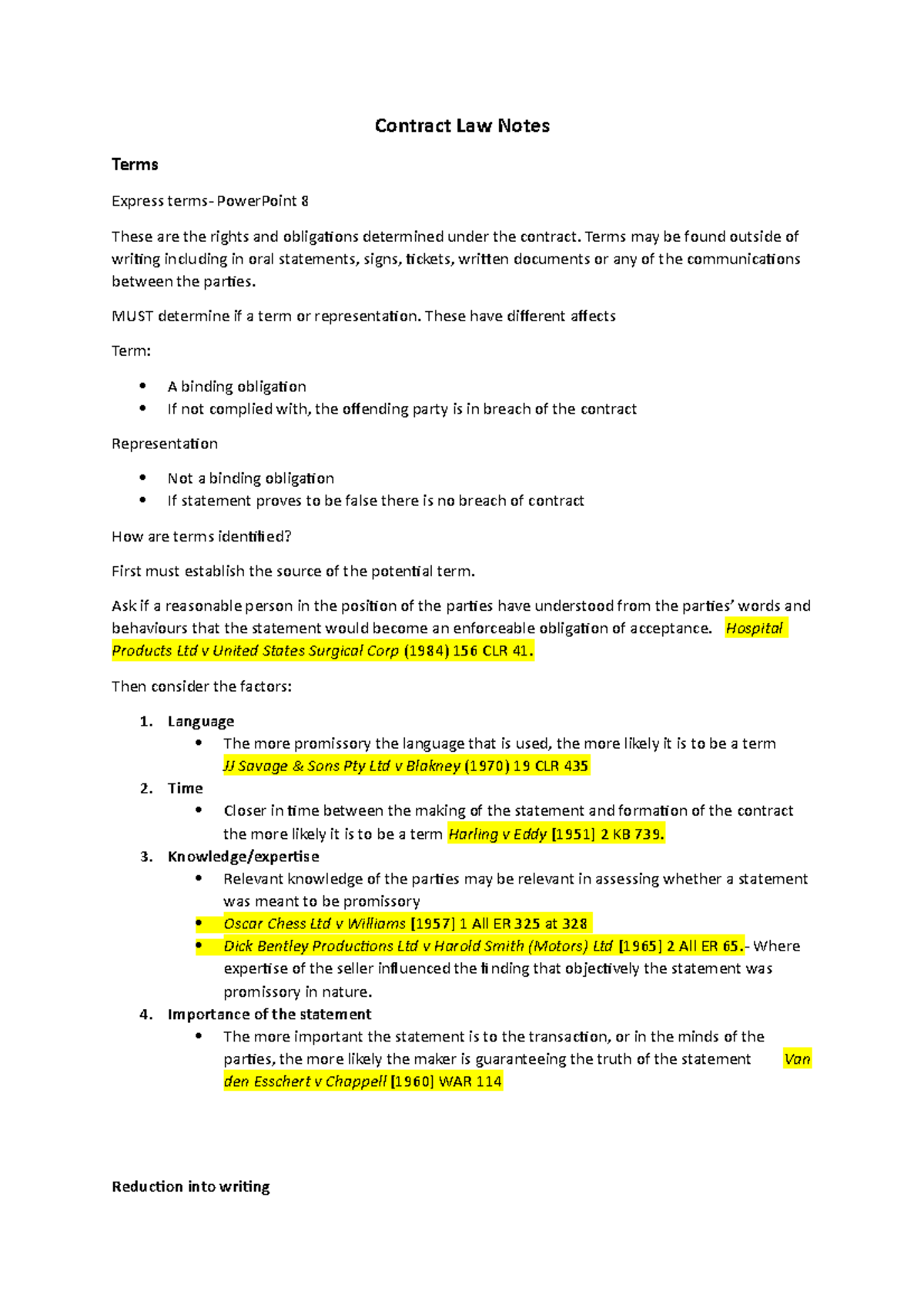 Contract Law Notes - Copy - Contract Law Notes Terms Express terms ...