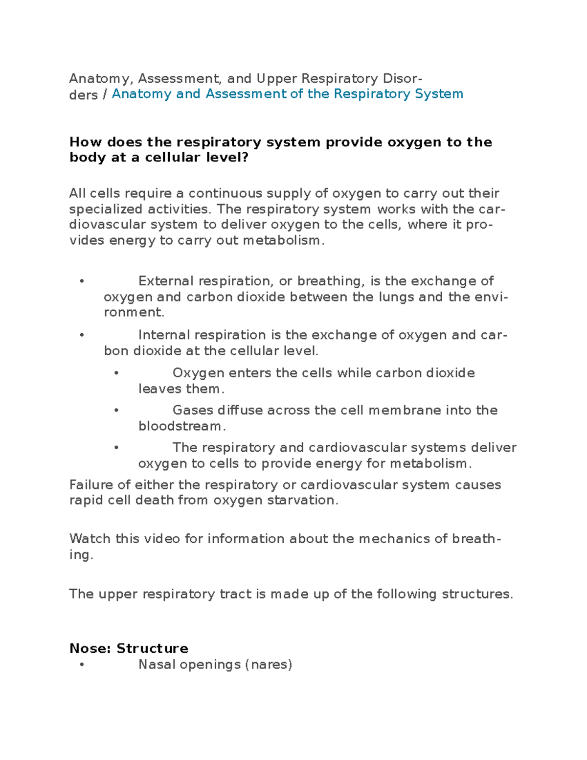 Chapter 49 Respiratory Notes - Anatomy, Assessment, and Upper ...