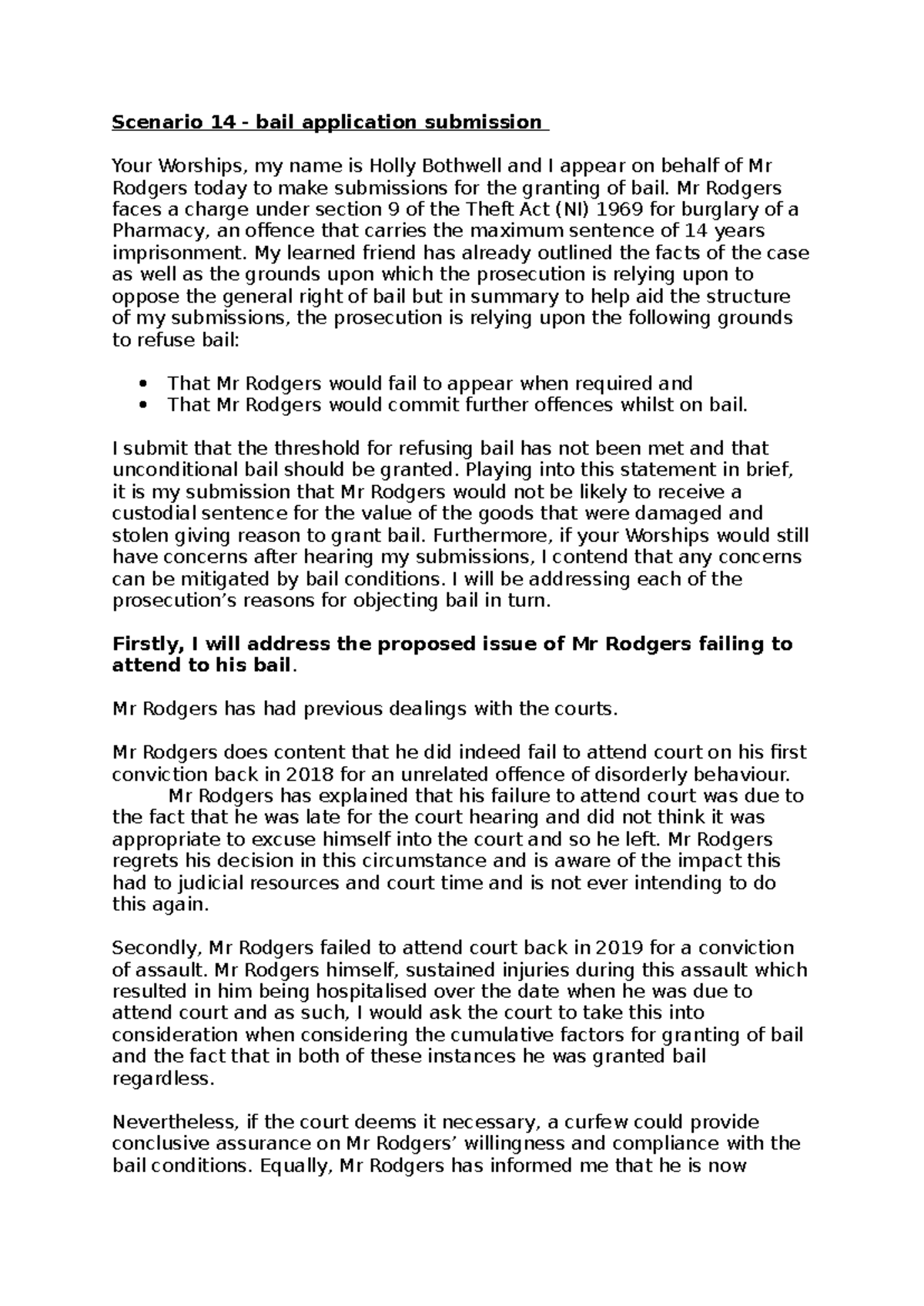 Bail application submission 14 - Scenario 14 - bail application ...