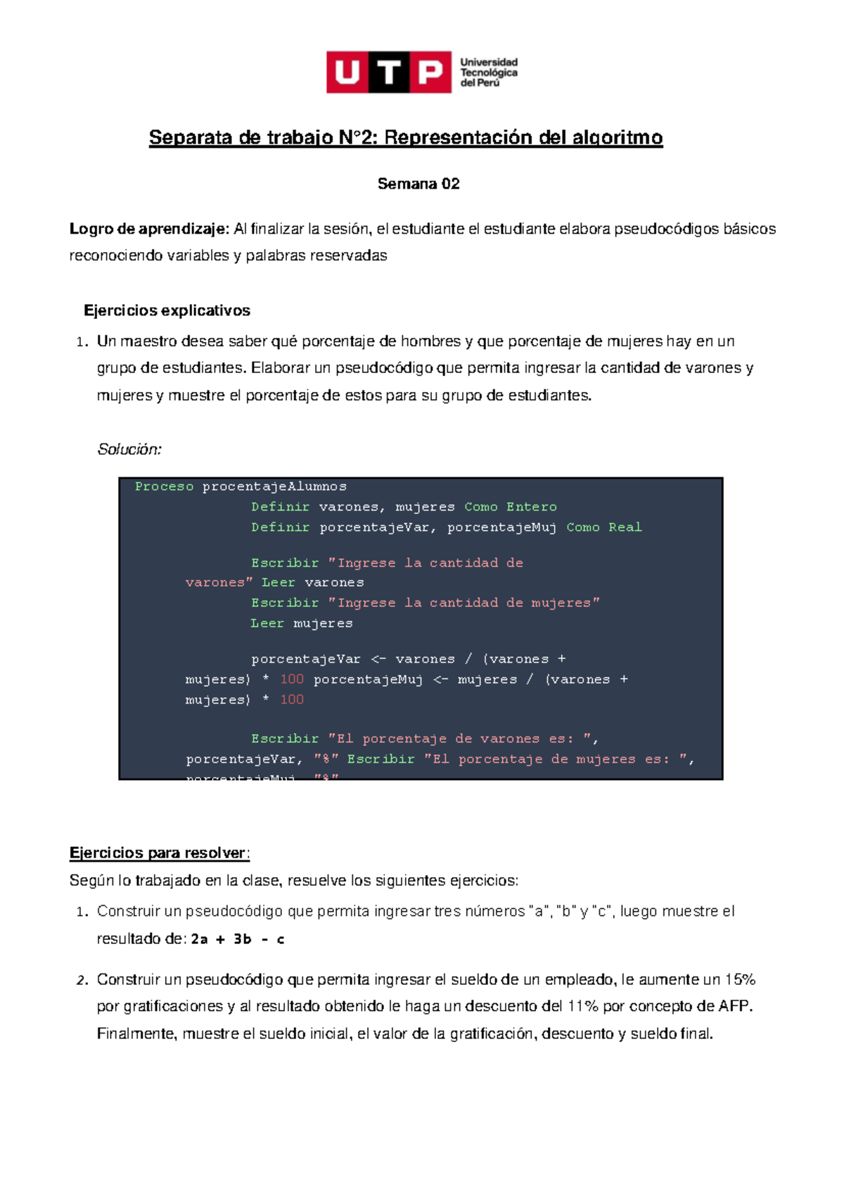 S02.s1 Separata 2 unidad 1 - Separata de trabajo N°2: Representación del algoritmo Semana 02 ...