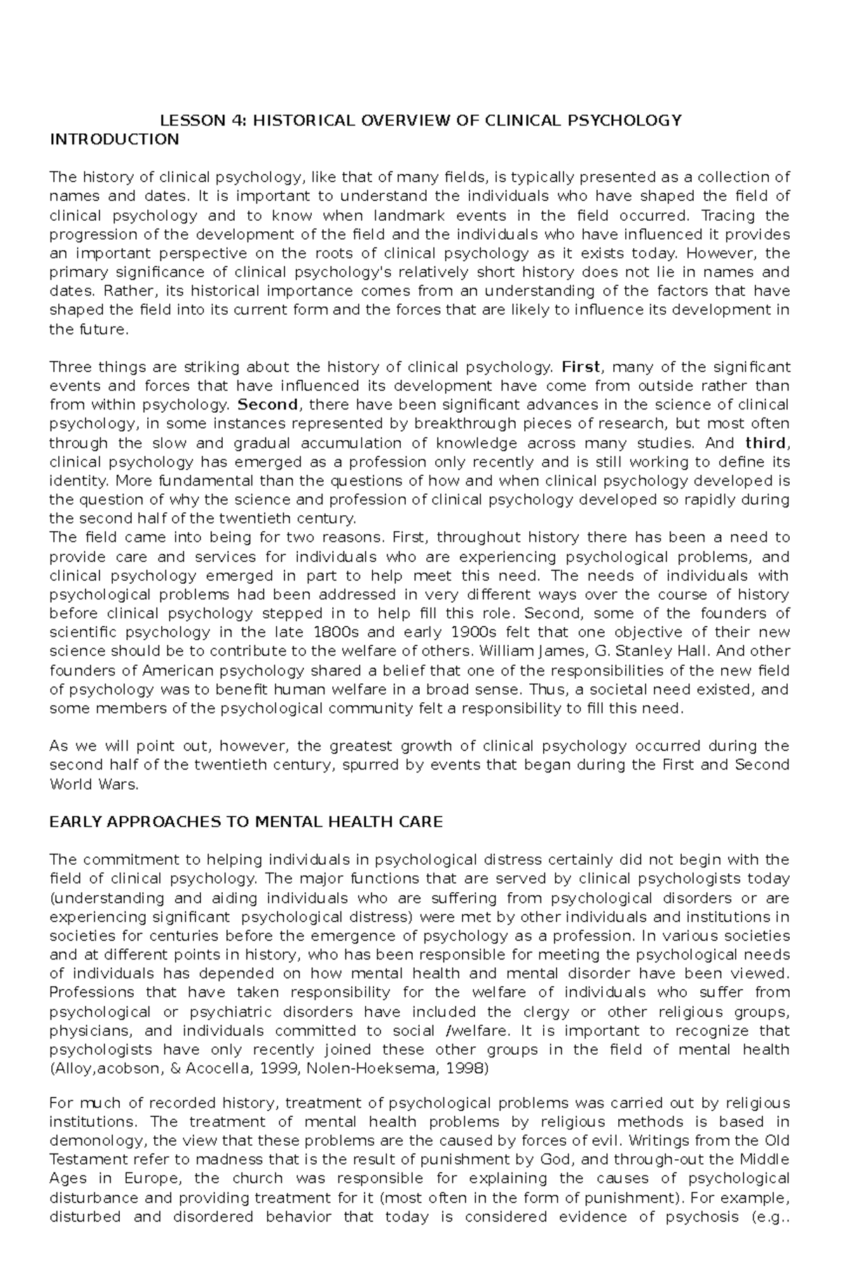 Lesson 4 - Lecture notes 4 - LESSON 4: HISTORICAL OVERVIEW OF CLINICAL ...