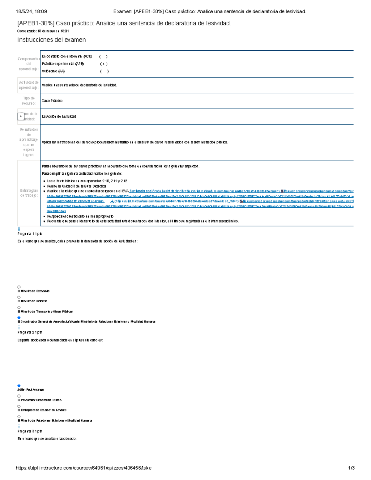 Examen [APEB 1-30%] Caso práctico Analice una sentencia de declaratoria de lesividad - - Studocu