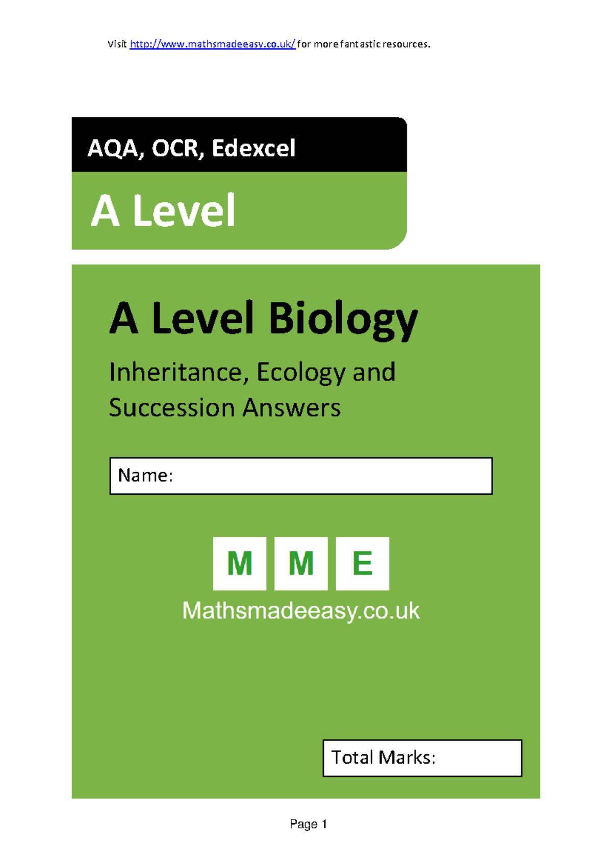 Inheritance Ecology and Succession Answers - A Level AQA, OCR, Edexcel ...