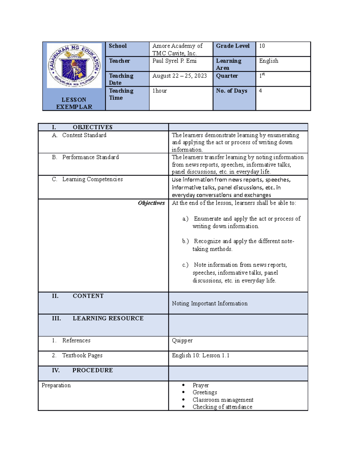 NOTE Taking - LESSON EXEMPLAR School Amore Academy of TMC Cavite, Inc ...
