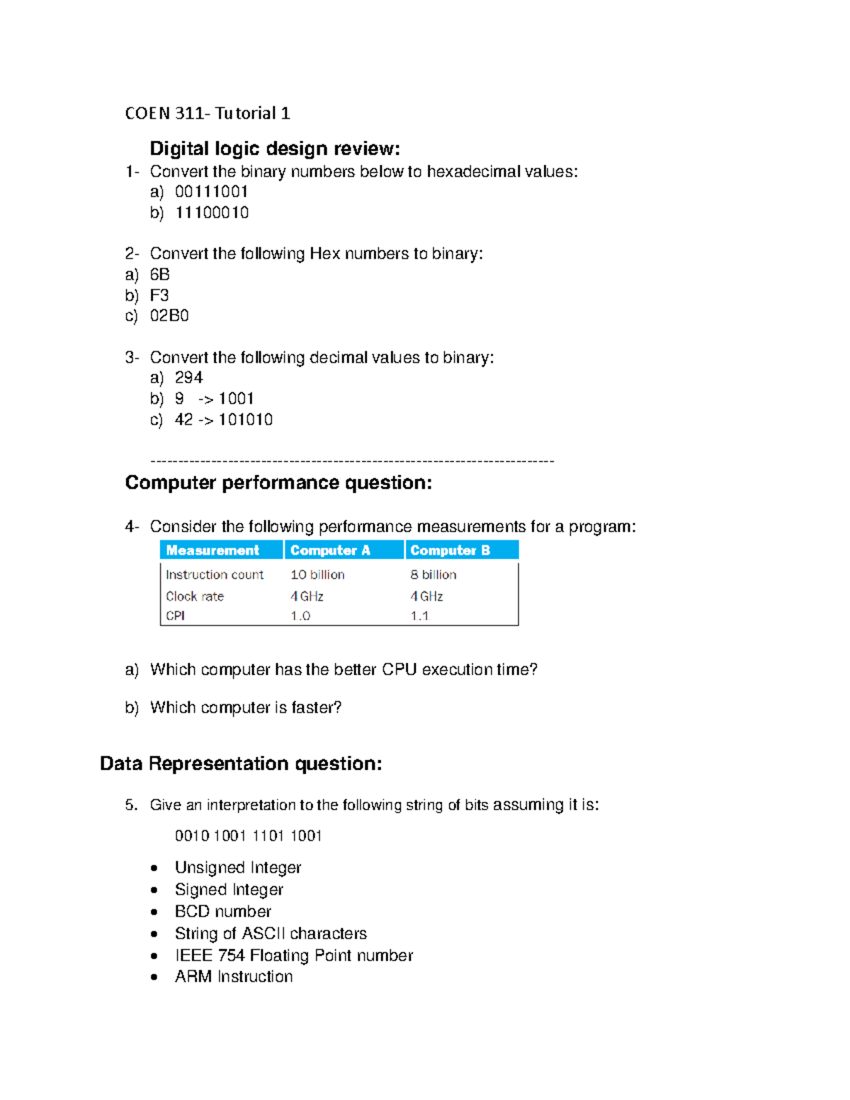 Tutorial 1 - COEN 31 1 - Tutorial 1 Digital logic design review: 1 ...