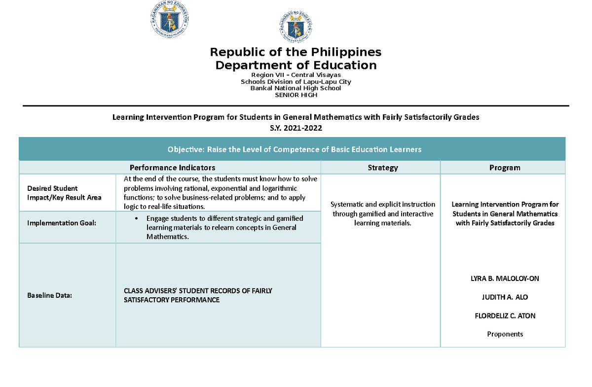 Objective 11 - rpms - Republic of the Philippines Department of ...