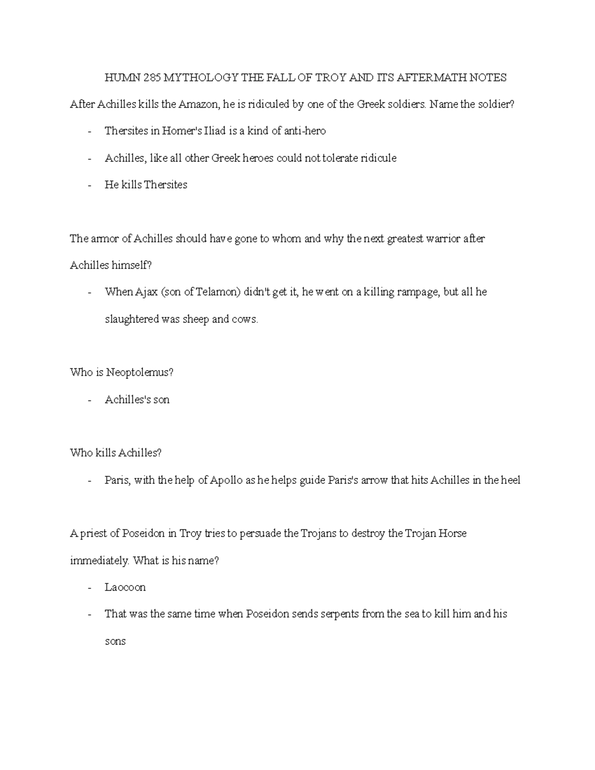 HUMN 285 Mythology THE FALL OF TROY AND ITS Aftermath Notes - HUMN 285 ...
