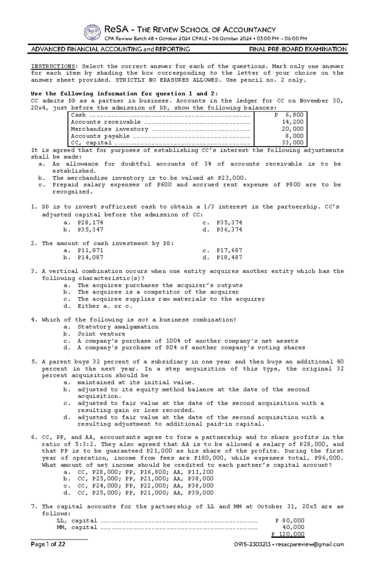 Re SA B48 AFAR Final PB Exam Questions, Answers and Solutions - ReSA - THE REVIEW SCHOOL OF ...
