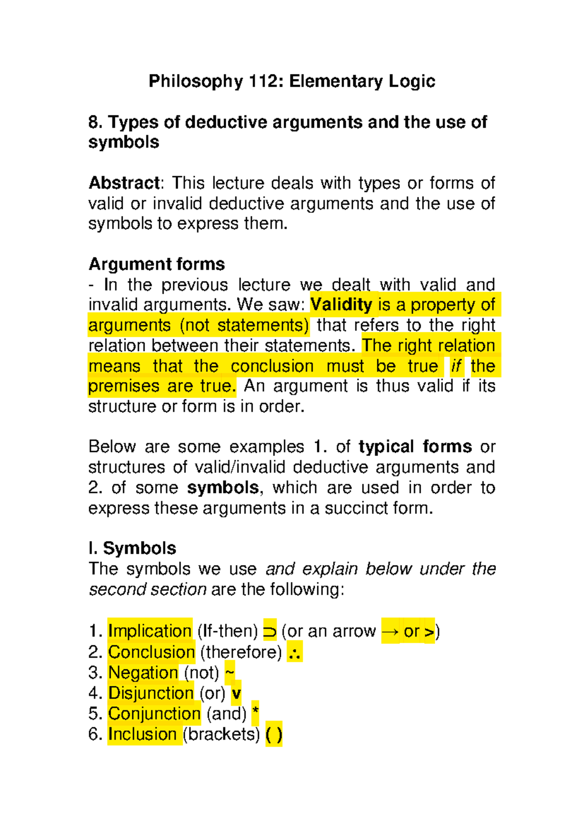 8 Types Of Deductive Arguments And The Use Of Symbols Pdf Philosophy 112 Elementary Logic