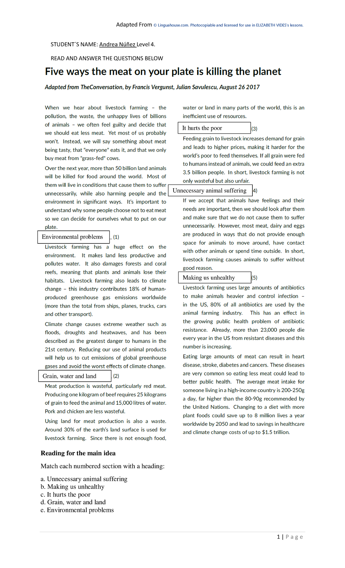 Reading Activity. Five ways the meat on your plate is killing the ...