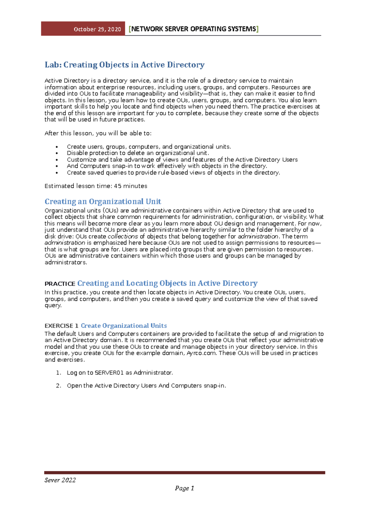 Lab 3.2 - Creating Objects in Active Directory - Lab: Creating Objects in Active Directory ...