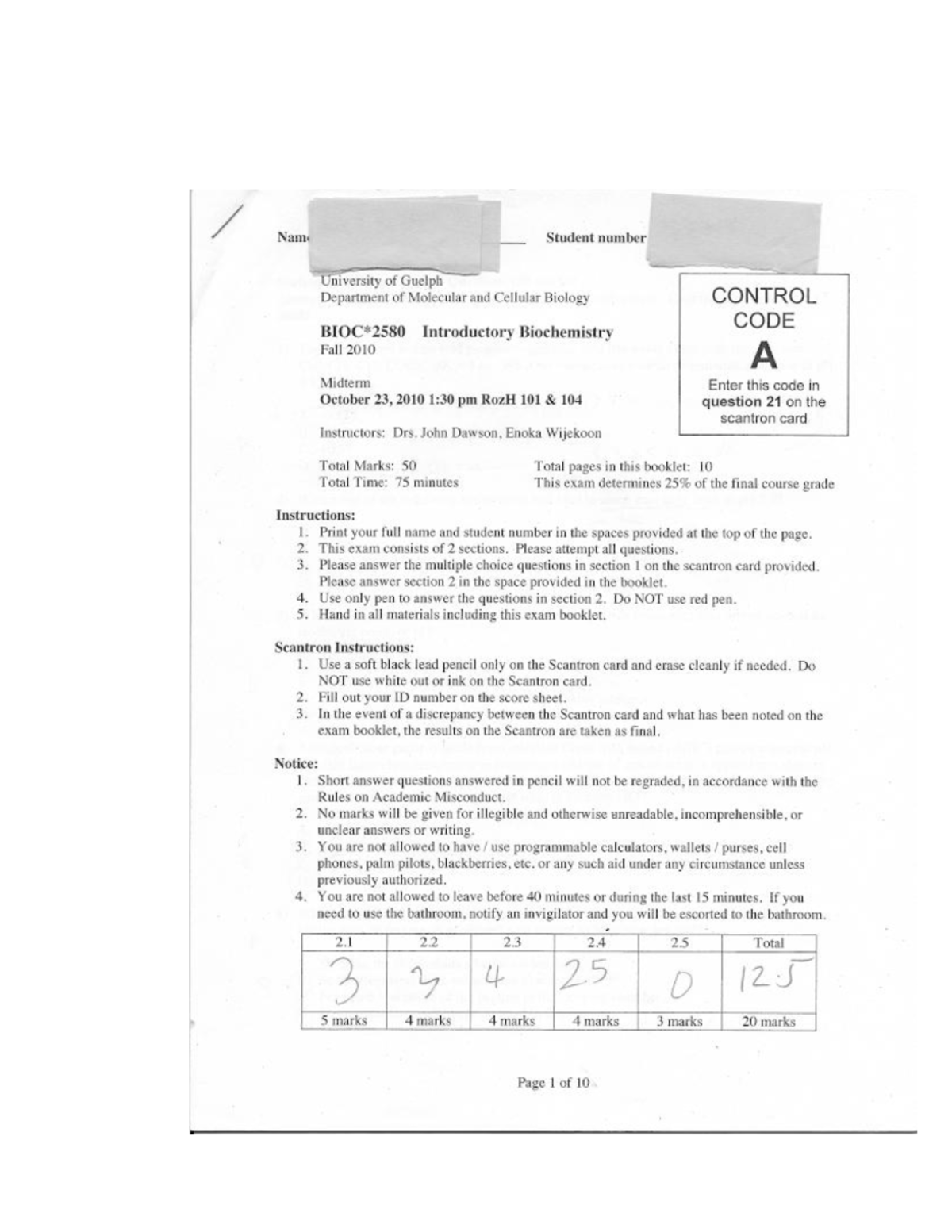Exam 23 October 2010, questions and answers - Midterm - I Name _ 7 ...