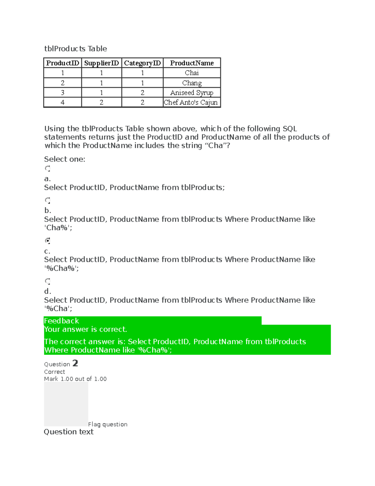 CS 2203 Unit 8 - Self Quiz Review - tblProducts Table ProductID ...