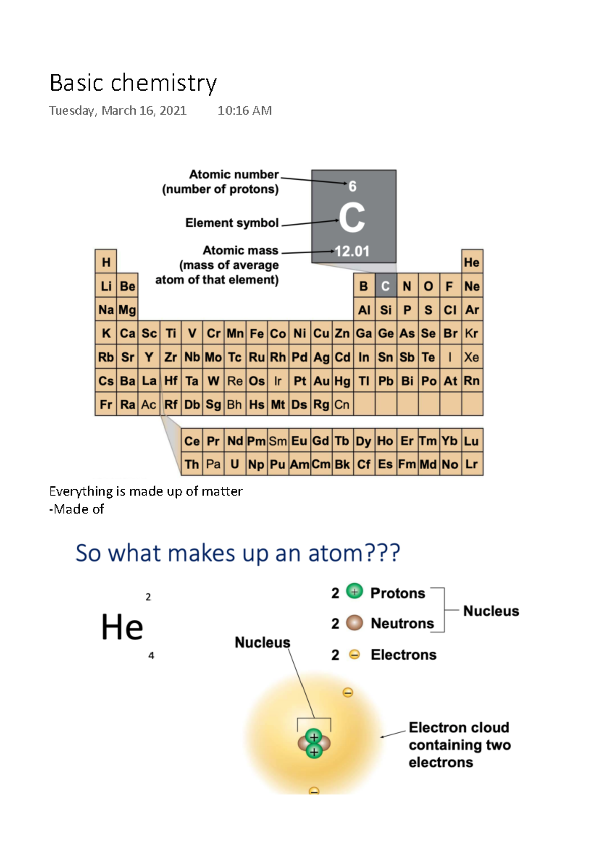 Basic chemistry - BIOL401 LEC 2 - Everything is made up of matter -Made ...