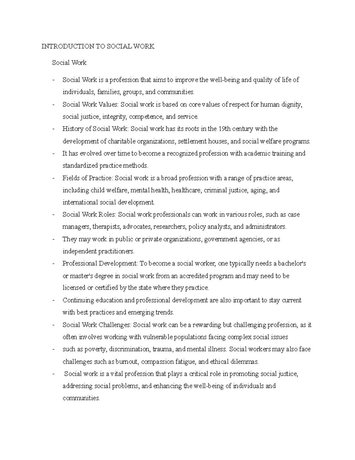 Introduction TO Social WORK Notes 1 - INTRODUCTION TO SOCIAL WORK ...