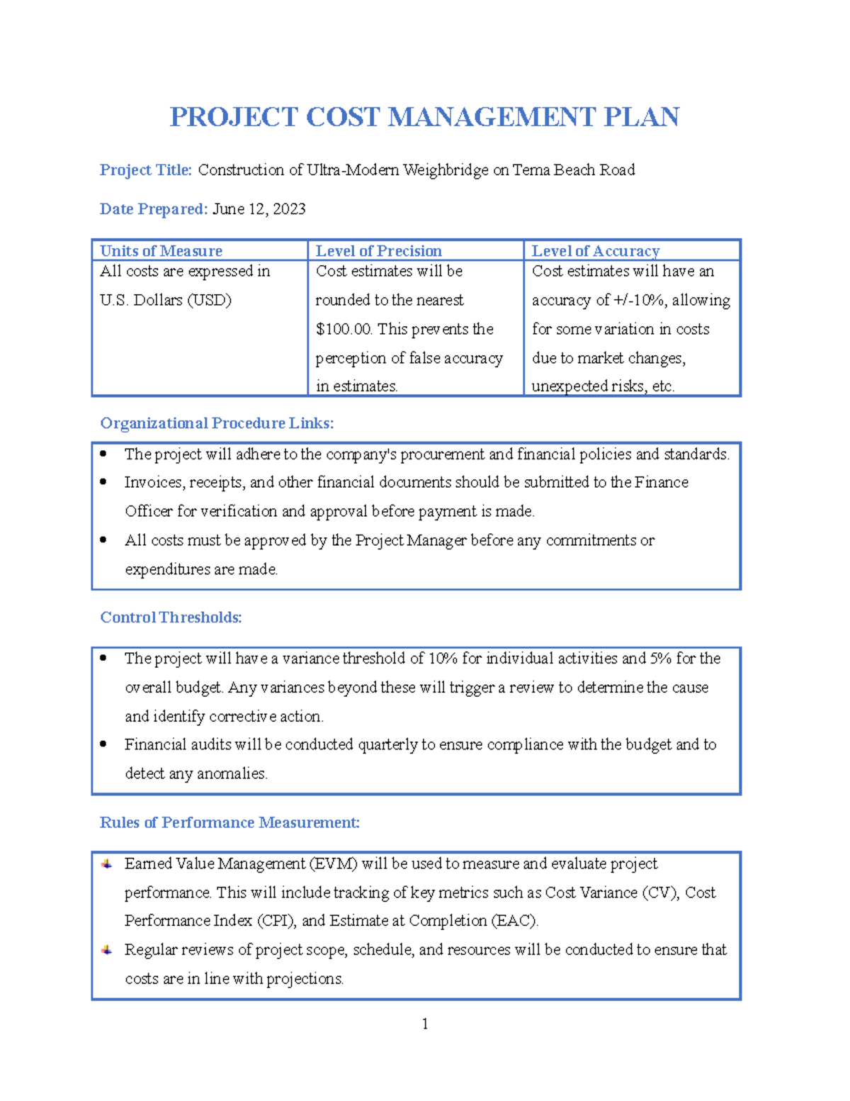 Project COST Management PLAN - PROJECT COST MANAGEMENT PLAN Project ...