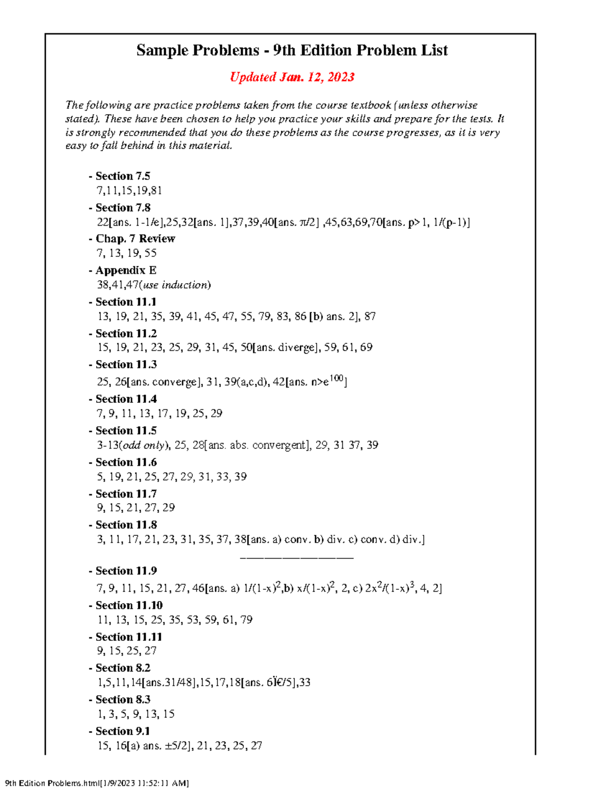 9th Edition Problems - 12 , 202 3 The following are practice problems ...
