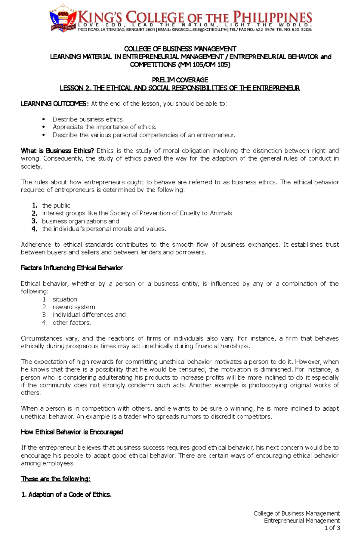 Lesson 2 The Entrepreneurial Management - COLLEGE OF BUSINESS ...