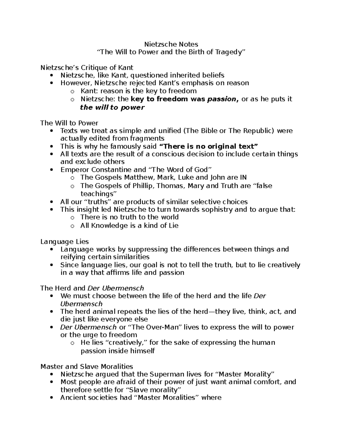 Lecture Notes: Nietzsche - Nietzsche Notes Will to Power and the Birth ...