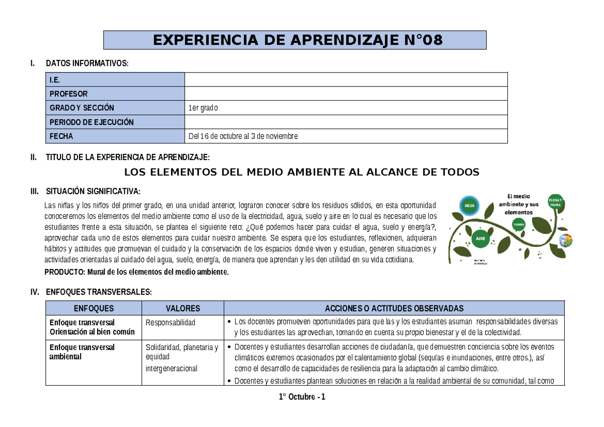 1° Grado - Experiencia DE Aprendizaje N°08 - EXPERIENCIA DE APRENDIZAJE N° I. DATOS INFORMATIVOS ...