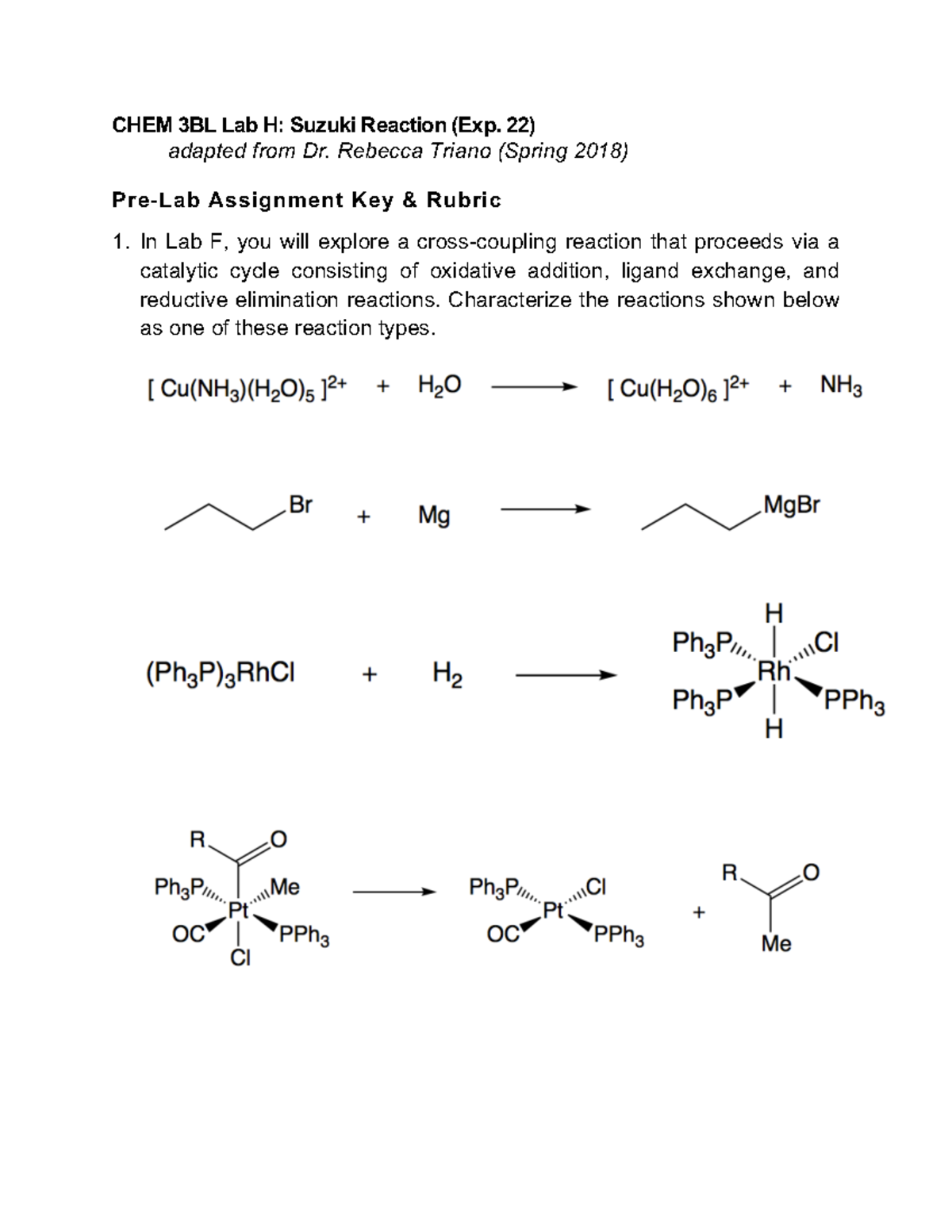 Lab H Pre Lab 3BL Sp20 - CHEM 3BL Lab H: Suzuki Reaction (Exp. 22 ...