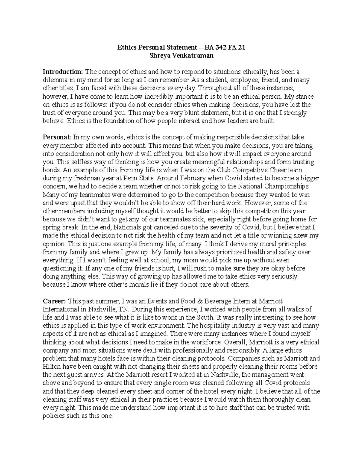 BA 342 Ethics Project - Ethics Personal Statement – BA 342 FA 21 Shreya ...