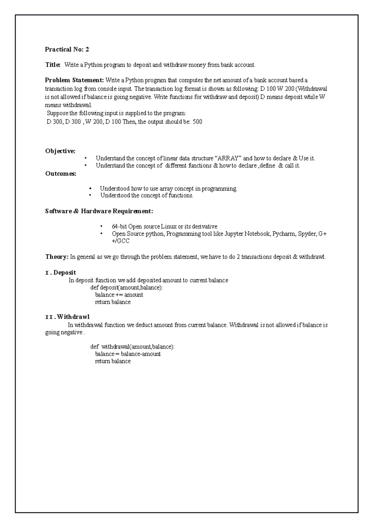Assignment-2 - Dsl - Practical No: 2 Title: Write a Python program to deposit and withdraw money ...