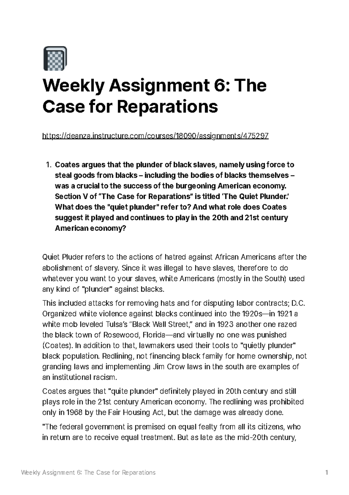 Weekly Assignment 6 The Case for Reparations - Weekly Assignment ԍ The ...