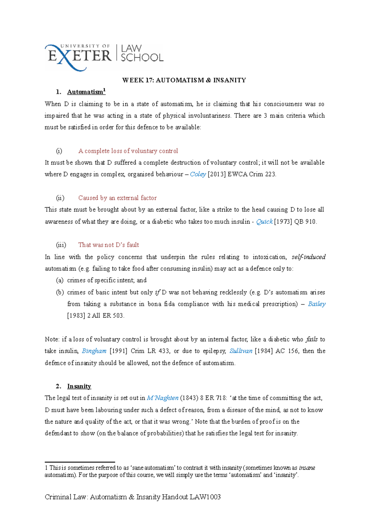 Automatism Insanity - Handout - WEEK 17: AUTOMATISM & INSANITY ...