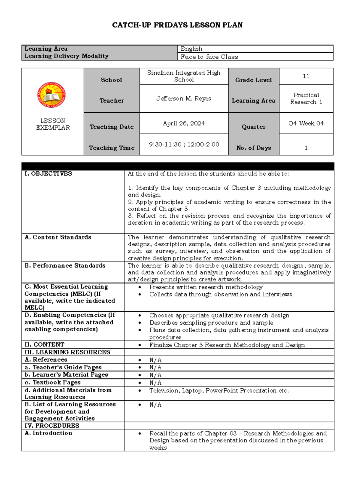 LE - Lesson Exemplar - CATCH-UP FRIDAYS LESSON PLAN Learning Area ...