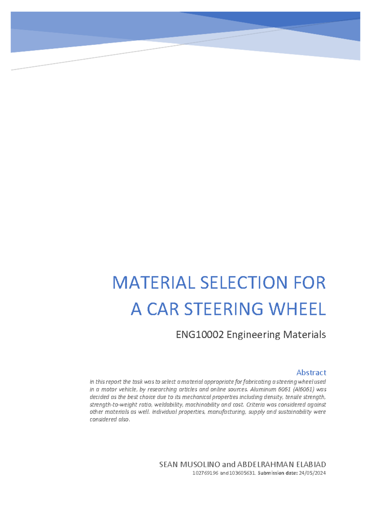 ENG10002 Report Material Selection Steering Wheel - MATERIAL SELECTION ...